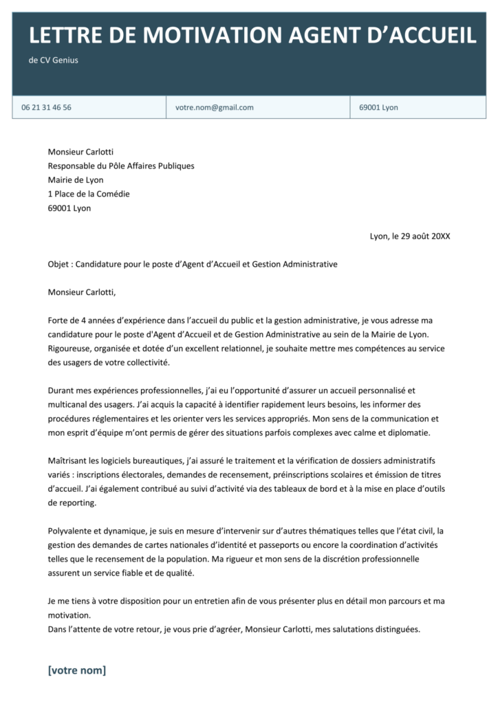 Modèle et exemples de lettre de motivation agent d’accueil Modèle et exemples de lettre de motivation agent d’accueil