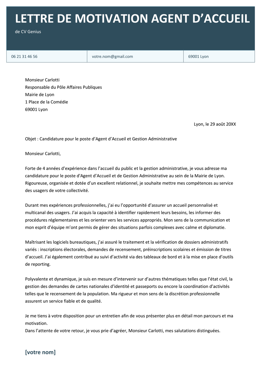 Modèle et exemples de lettre de motivation agent d’accueil