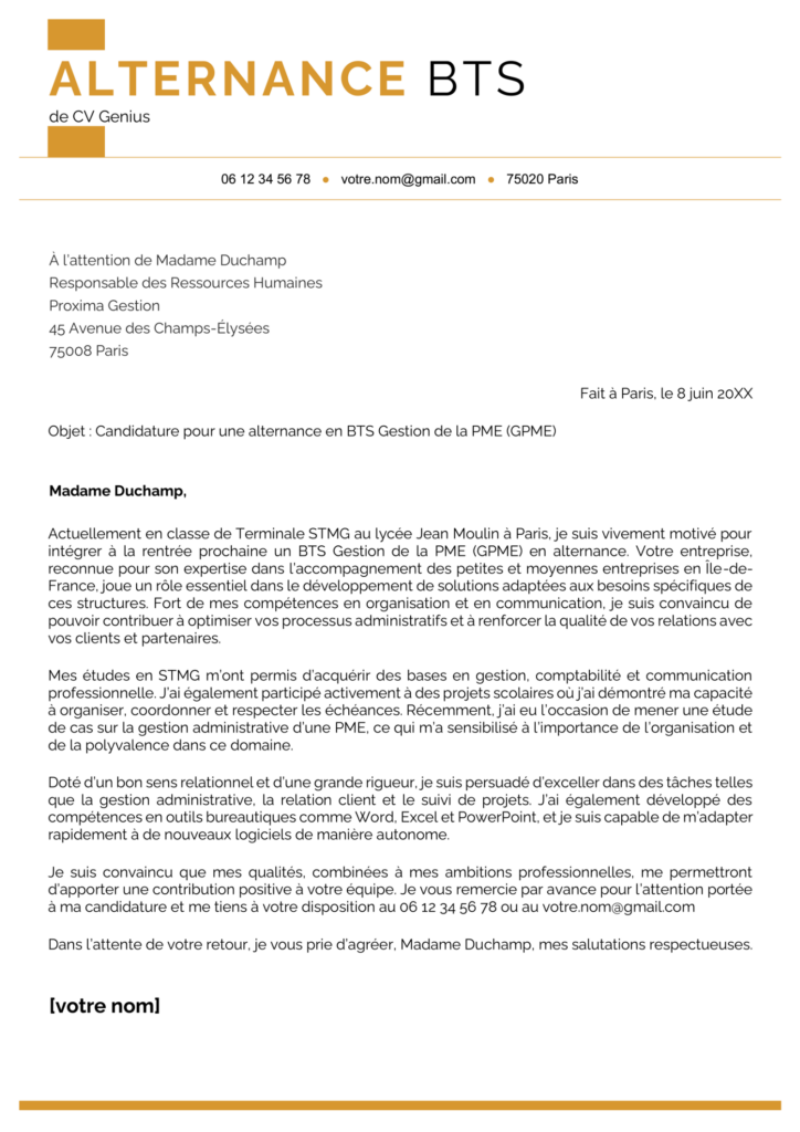 Exemple lettre de motivation alternance BTS et conseils