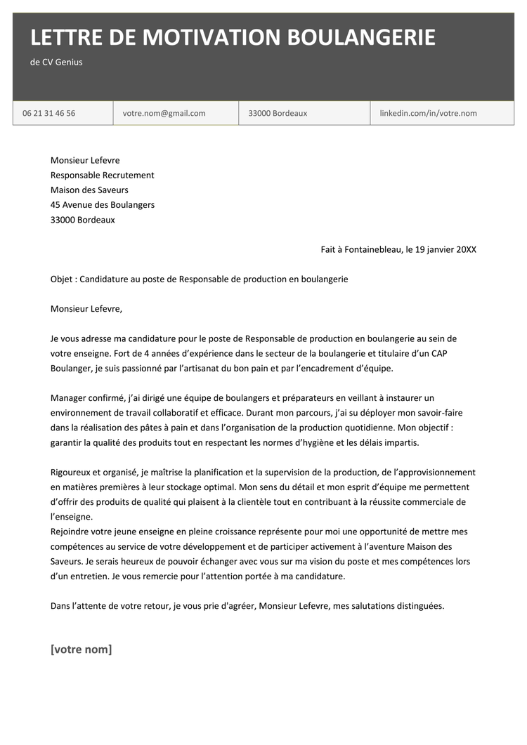 Modèle et exemples de lettre de motivation boulangerie