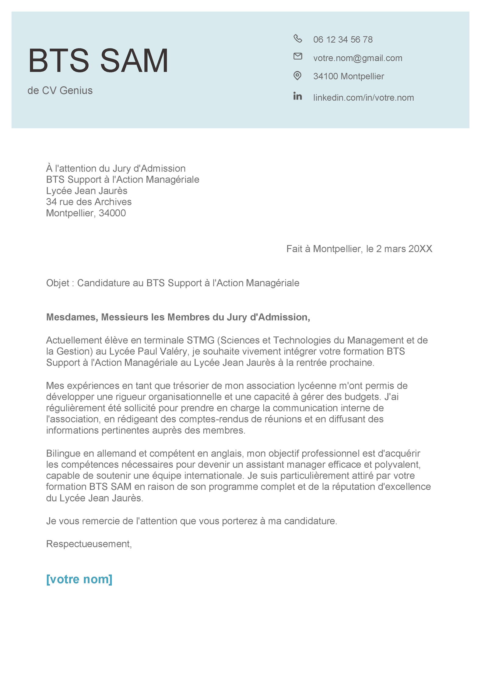 Exemple lettre de motivation BTS SAM + conseils de rédaction