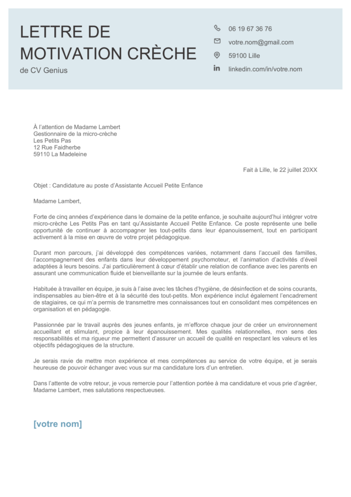 Modèle et exemples de lettre de motivation pour travailler en crèche