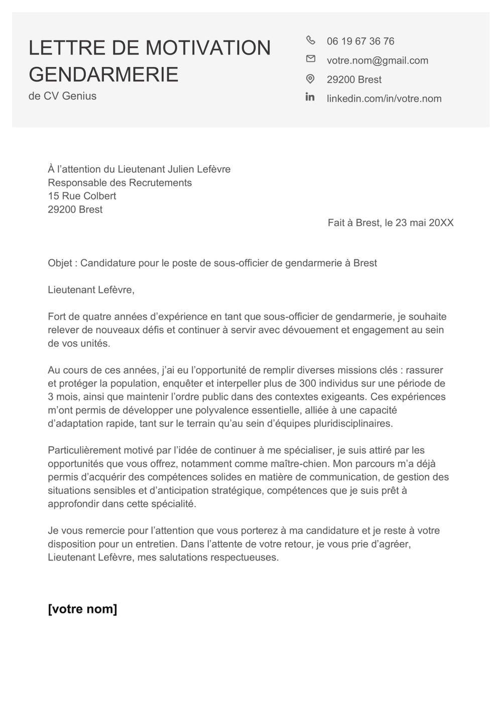 Modèle et exemples de lettre de motivation gendarmerie