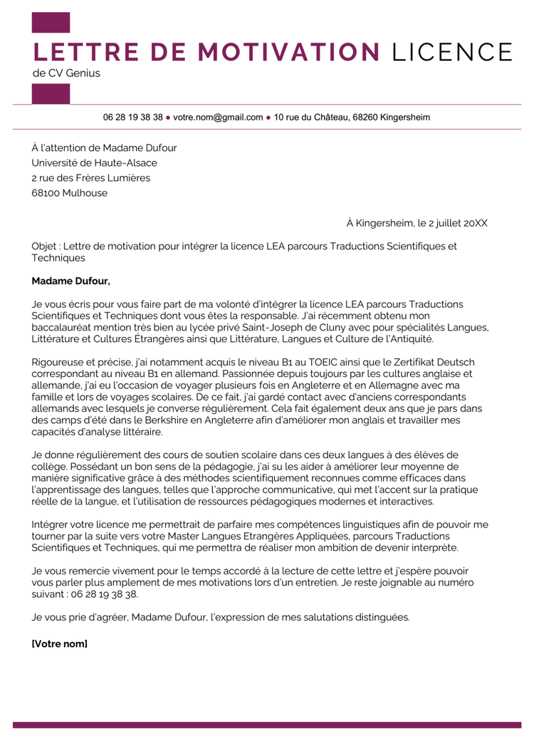 Modèle et exemple lettre de motivation licence