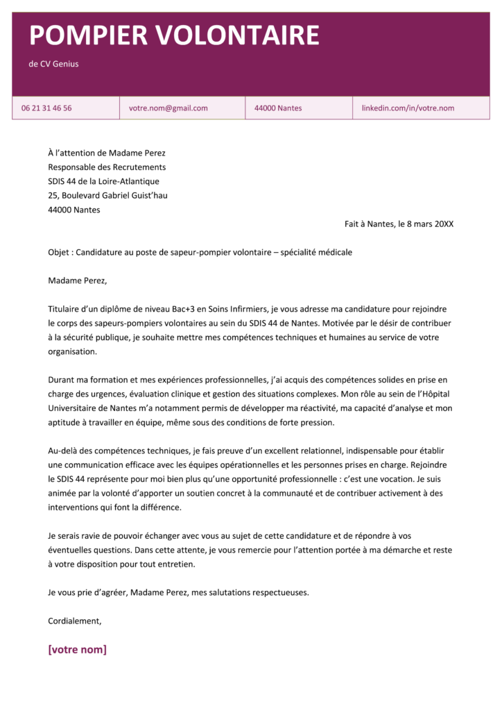 Modèle et exemples de lettre de motivation pompier volontaire