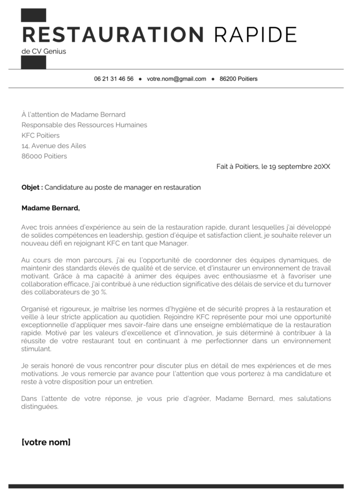 Modèle et exemples de lettre de motivation restauration rapide