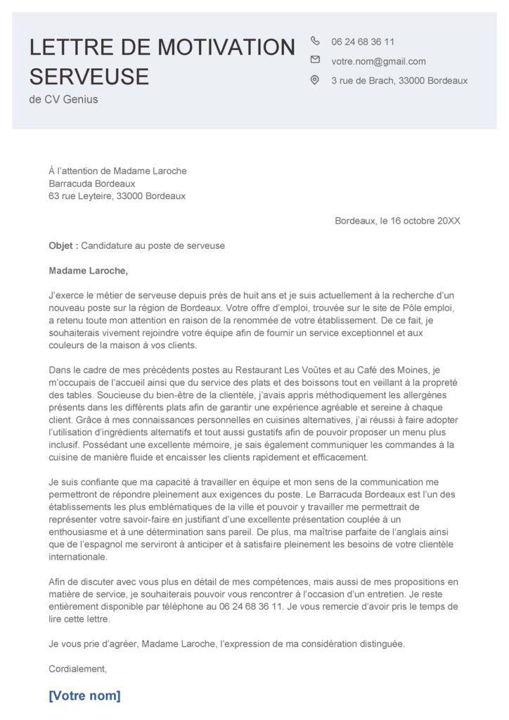 Lettre de motivation serveuse – Modèle et exemple
