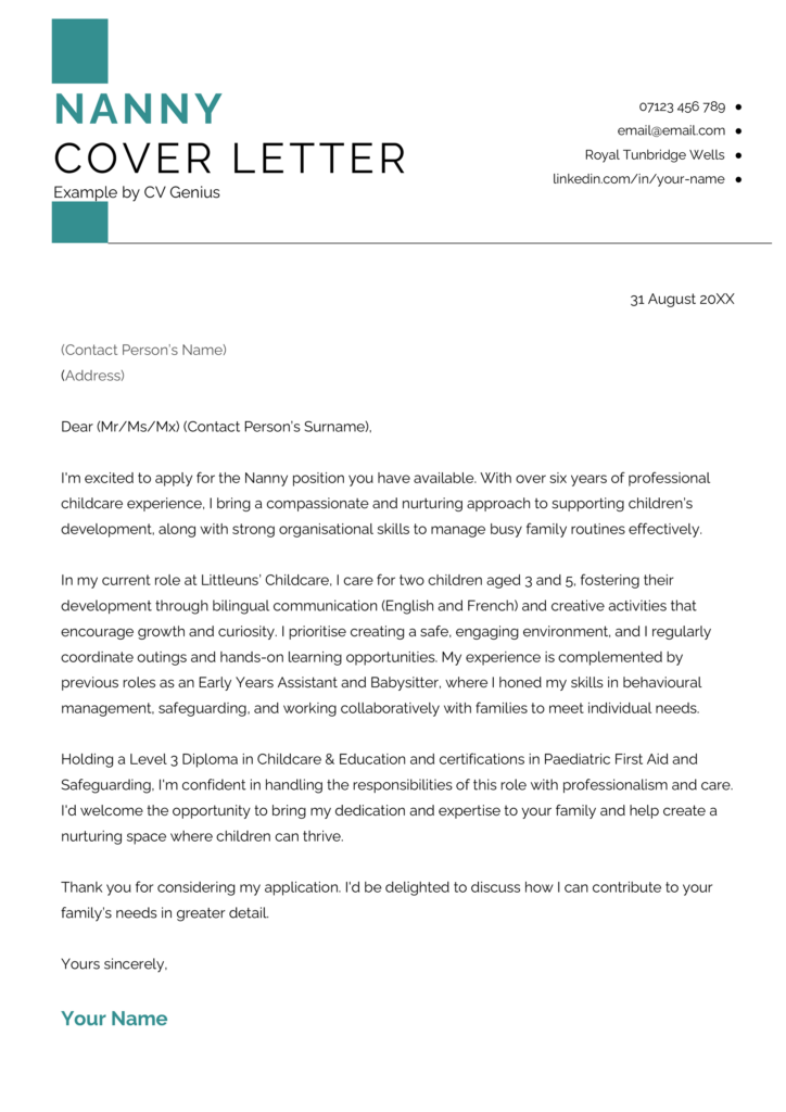 Nanny Cover Letter Example & Writing Tips for 2025