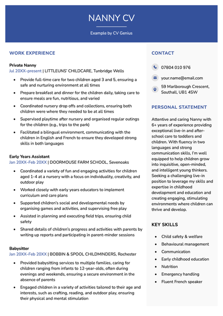 Resume Nanny Sample