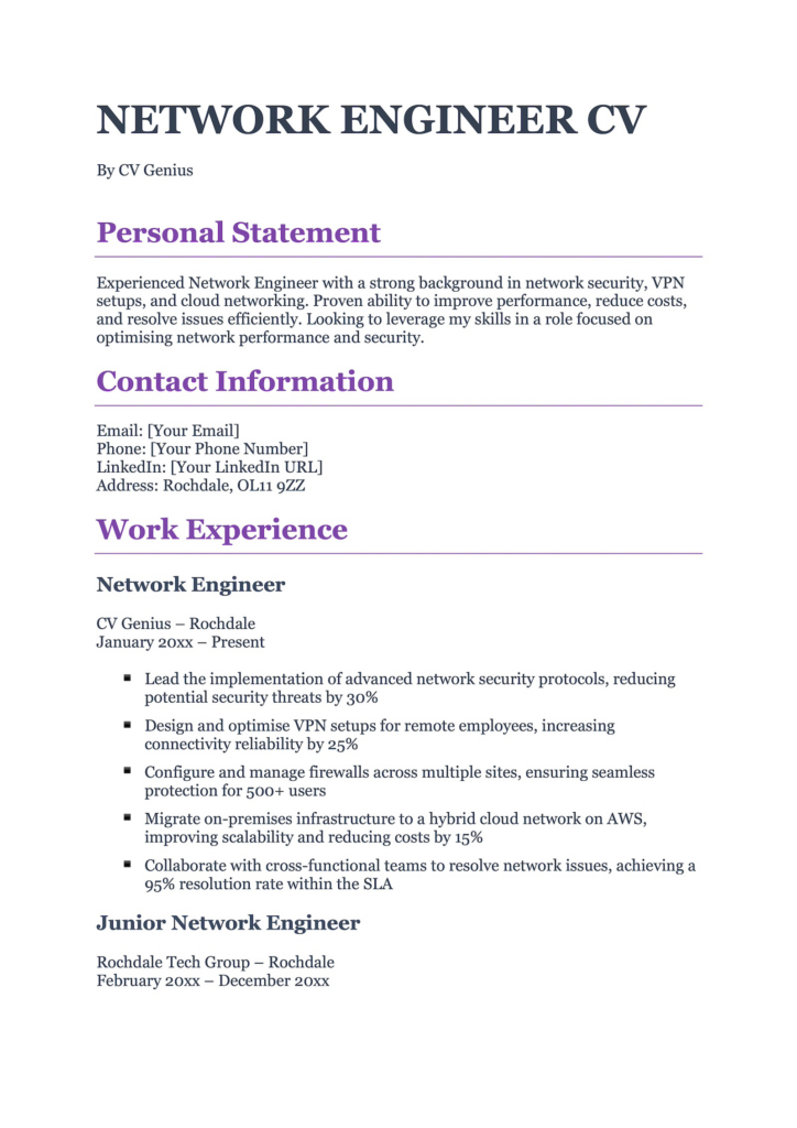 Network Engineer CV Example with Expert Writing Tips