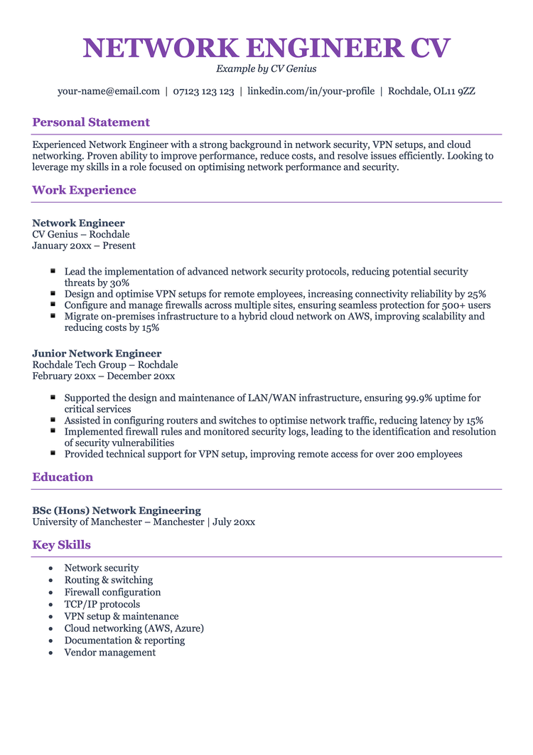 Network Engineer CV Example with Expert Writing Tips