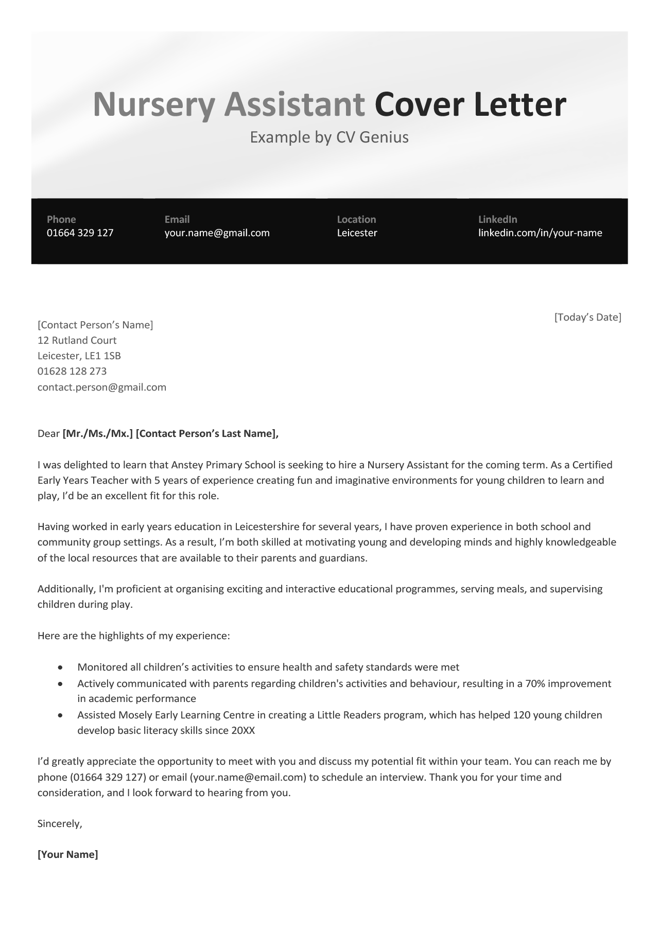 Nursery Assistant Cover Letter - 3 Examples & Writing Guide