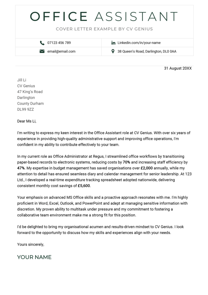 Example Cover Letter for an Office Assistant & Writing Tips