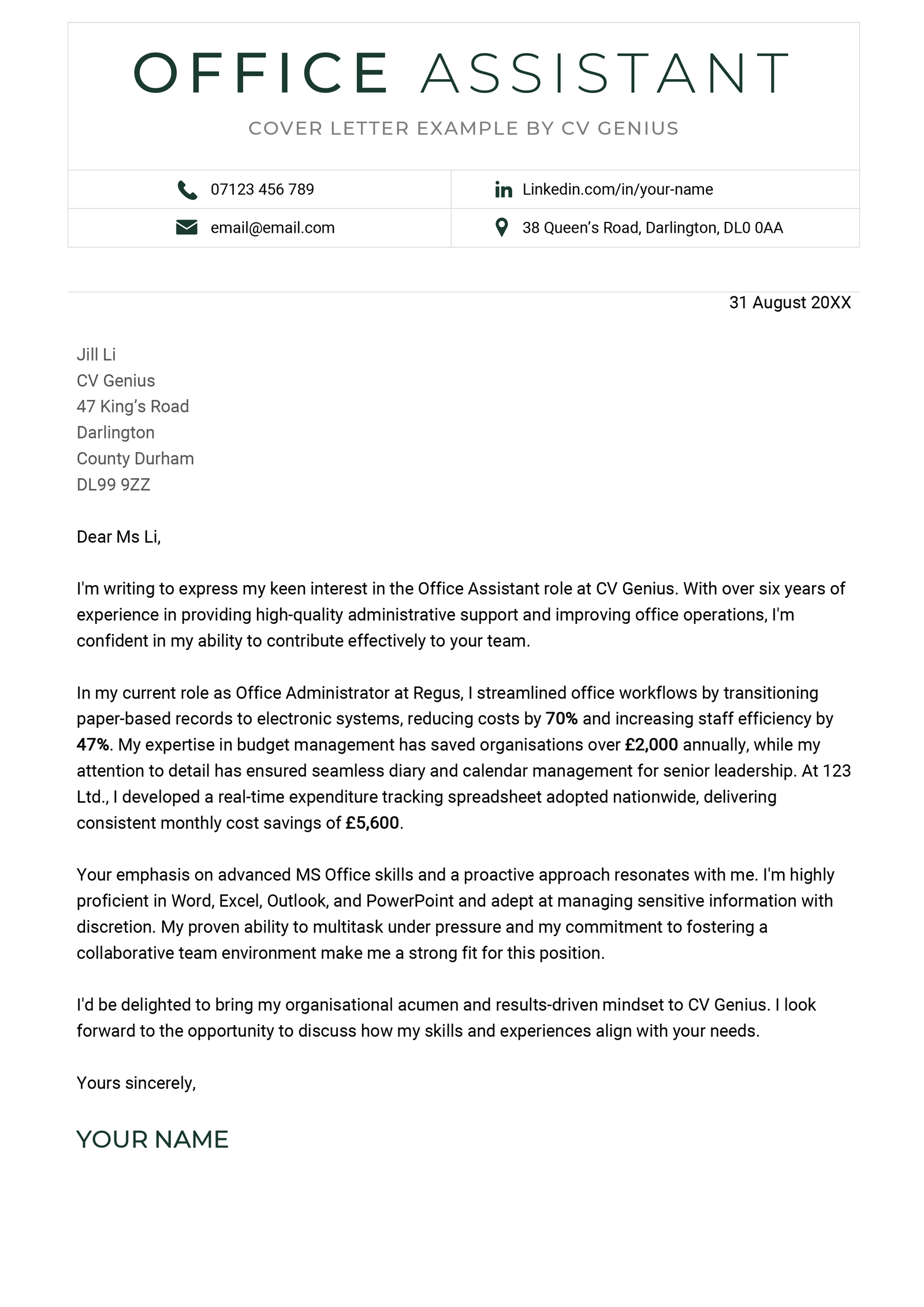 Example Cover Letter for an Office Assistant & Writing Tips