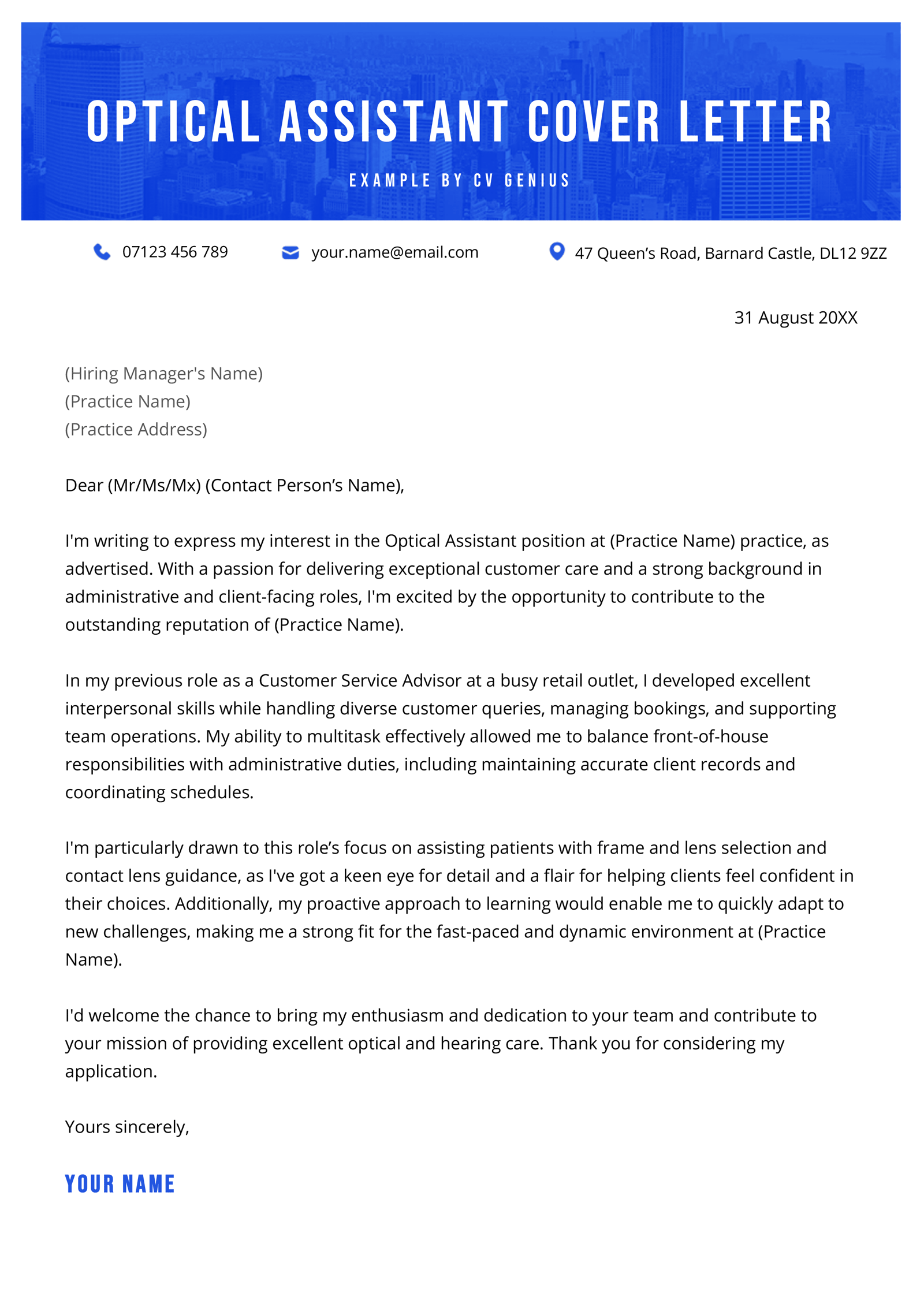 Optical Assistant Cover Letter Example & Writing Tips for 2025