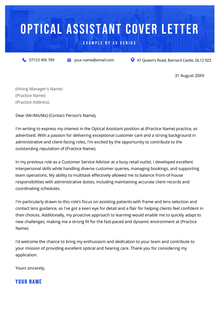 Optical Assistant Cover Letter Example & Writing Tips for 2025