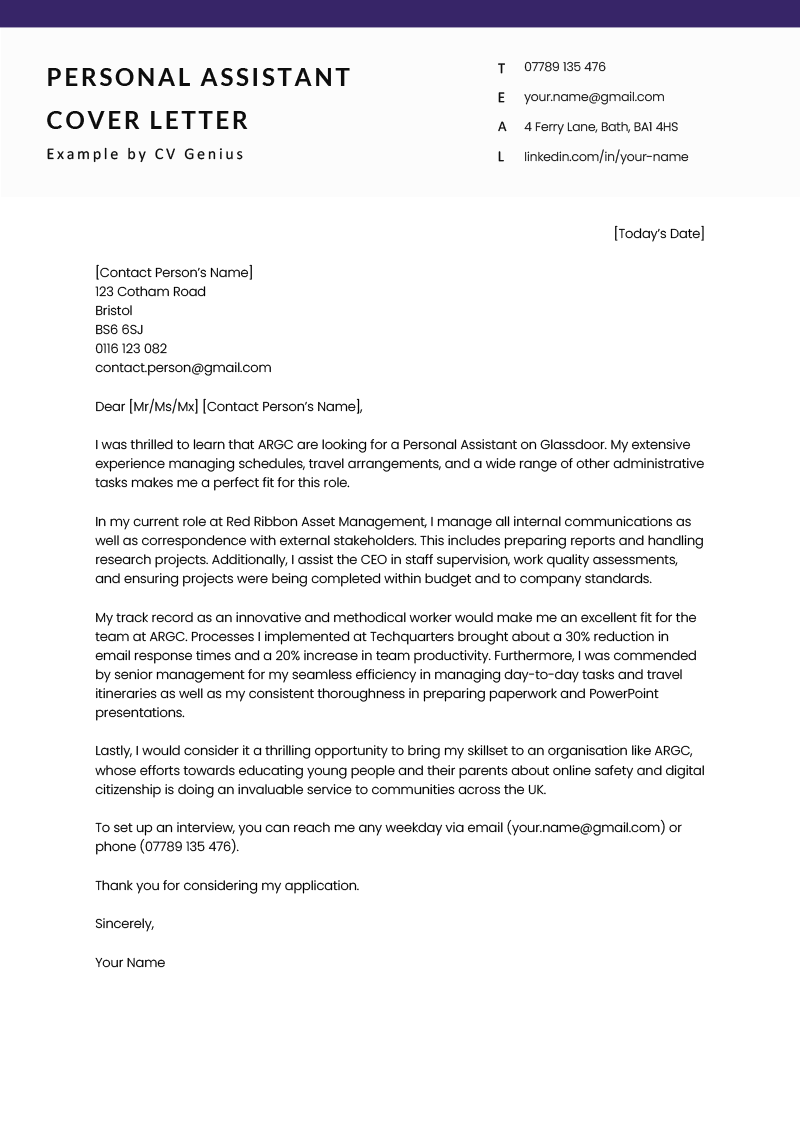 Personal Assistant Cover Letter: Template & Writing Tips