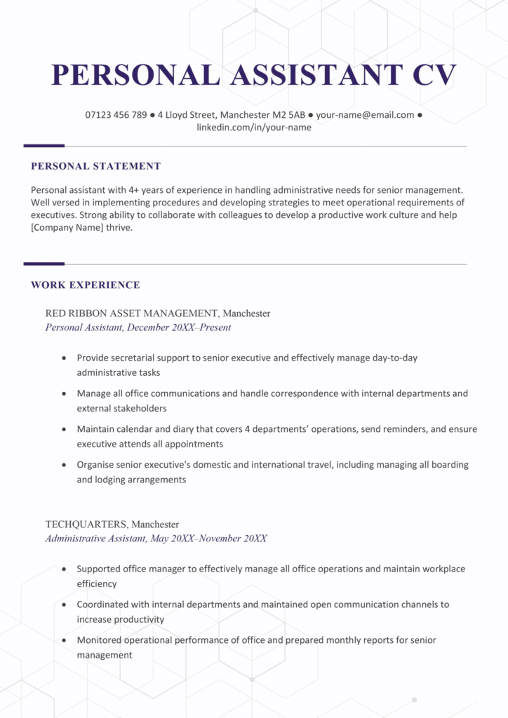 Personal Assistant CV Example Tips Free Download