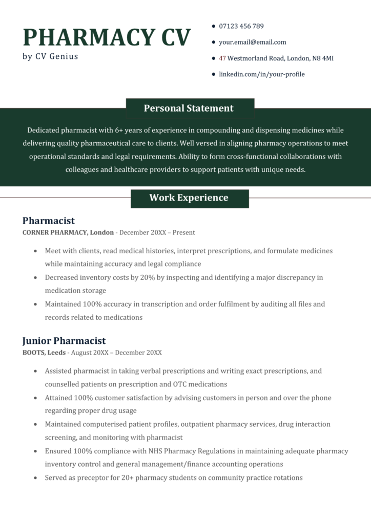 Pharmacy CV Example, Template, & Writing Guide for 2025