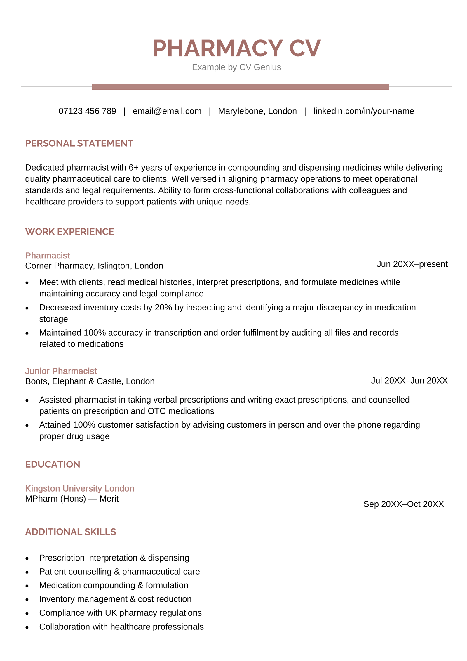 Pharmacy CV Example, Template, & Writing Guide for 2025