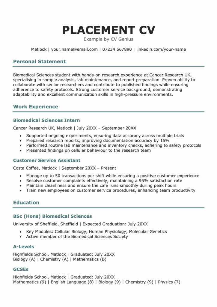 Placement CV: Free Example, Template, and Writing Guide