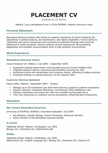 Placement CV: Free Example, Template, and Writing Guide