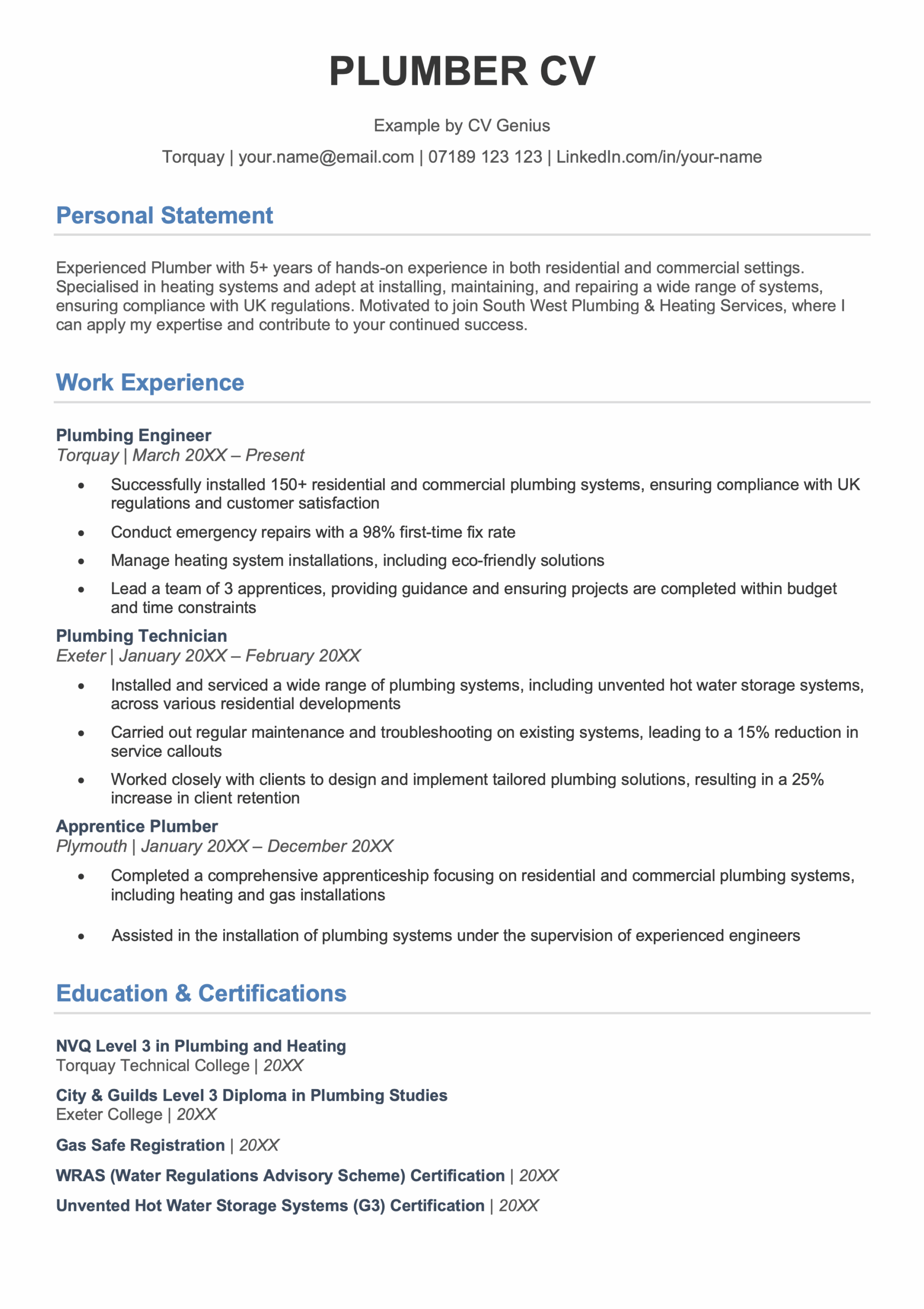 2 Plumber CV Examples, Free Template, & Writing Tips