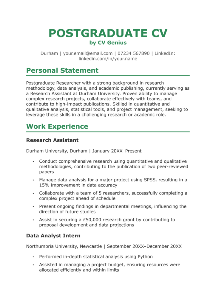 Postgraduate CV Example and Writing Tips
