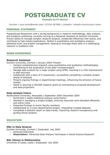 Postgraduate CV Example and Writing Tips