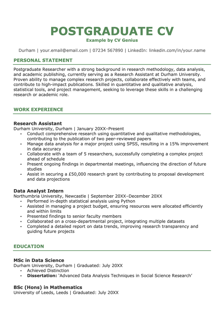 Postgraduate CV Example and Writing Tips