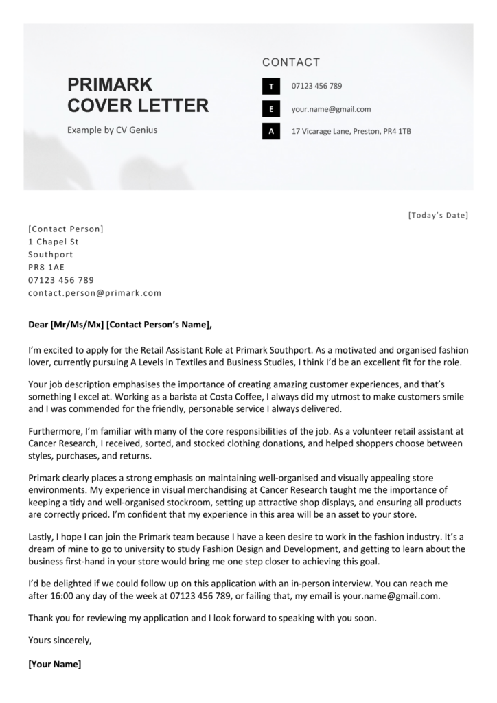 Primark Cover Letter (Template & Writing Tips)