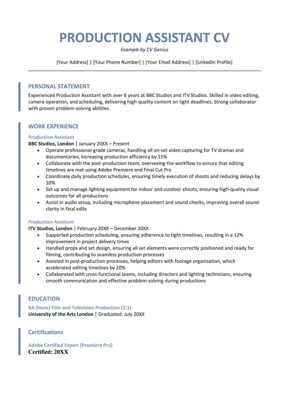 Production Assistant CV Example for 2025