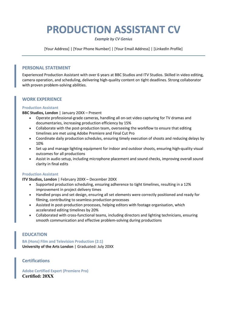 Production Assistant CV Example for 2025