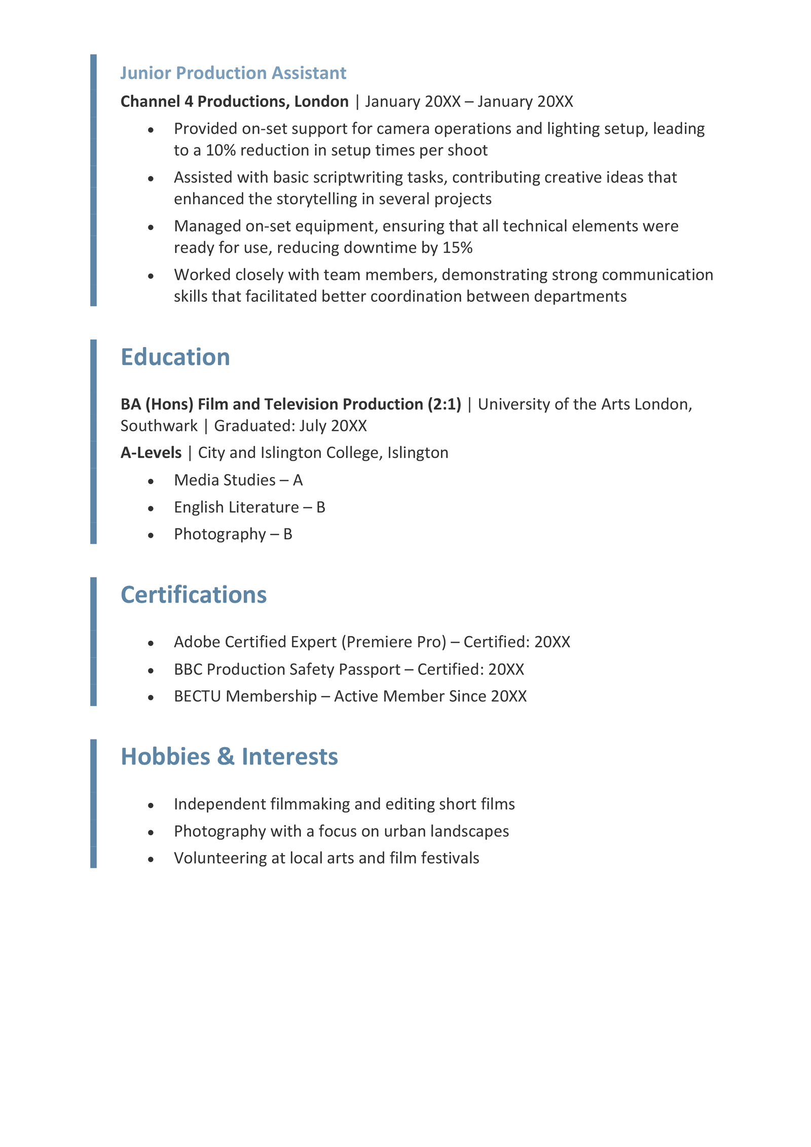 Production Assistant CV Example for 2025