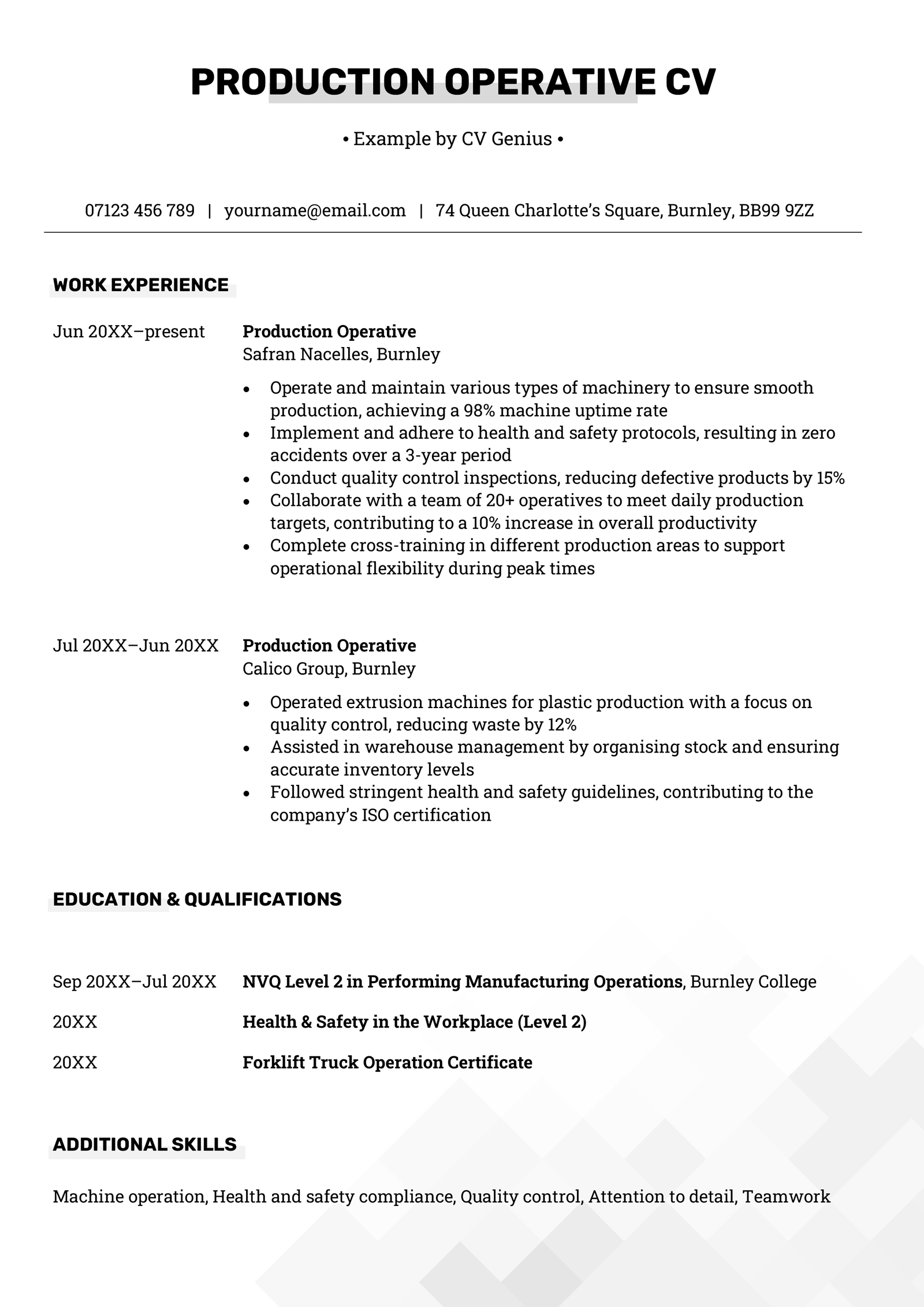 Production Operative (CV Example for 2025)