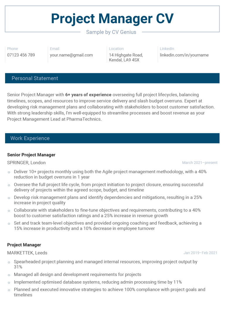 Project Manager CV - Examples, Free Template, & Tips