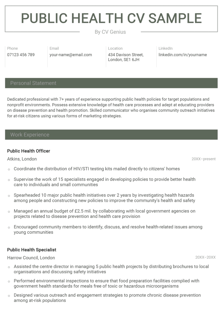 Public Health CV - Sample & Free Download Public Health CV - Sample & Free Download