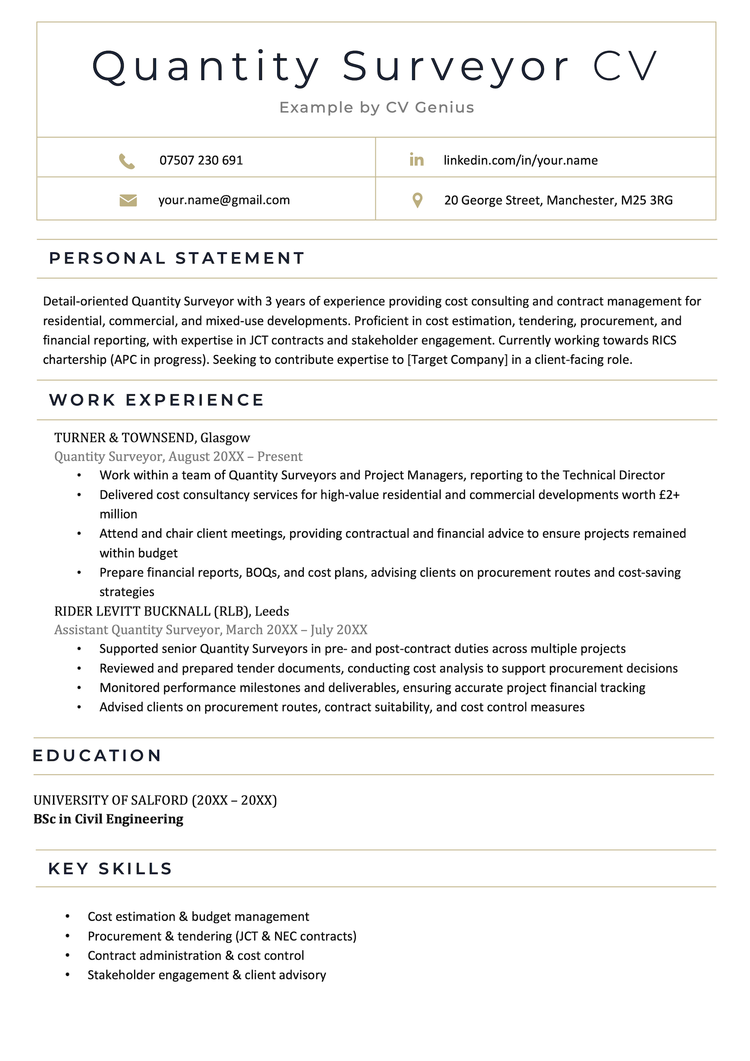 Quantity Surveyor CV Example, Template, & Writing Guide