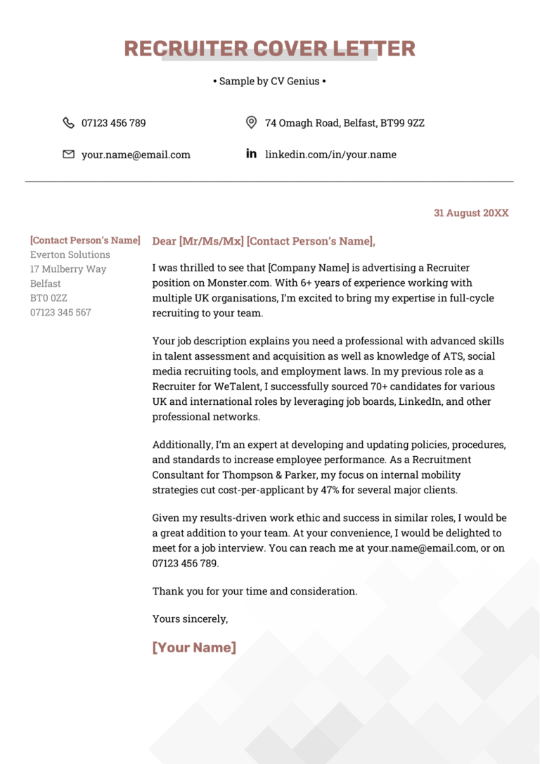 Recruiter Cover Letter (Sample & Writing Tips)
