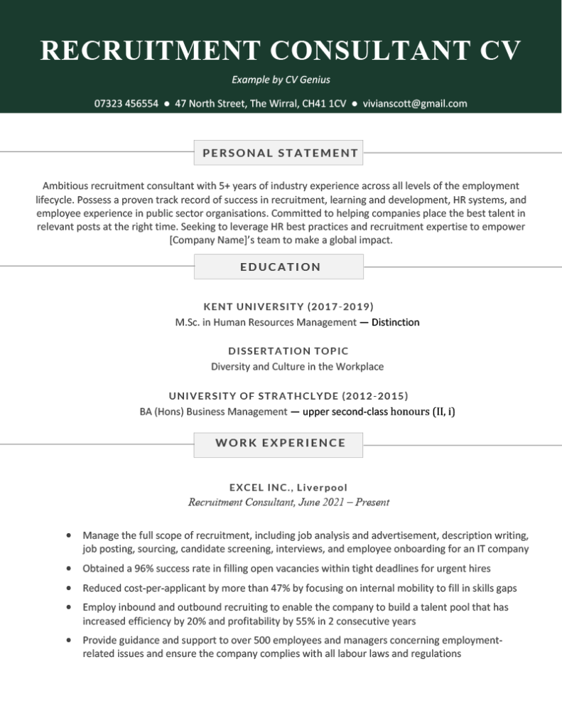 Recruitment Consultant CV - Example & Free Template