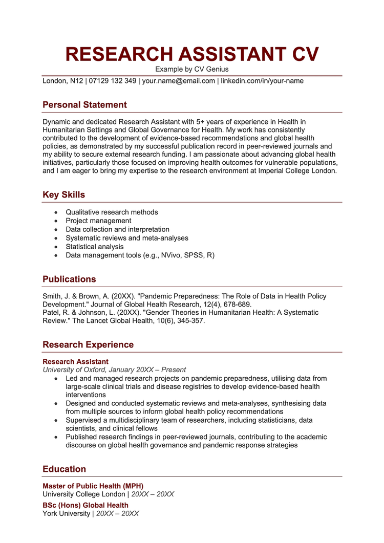 Research Assistant CV Example for 2025 (with Writing Tips)