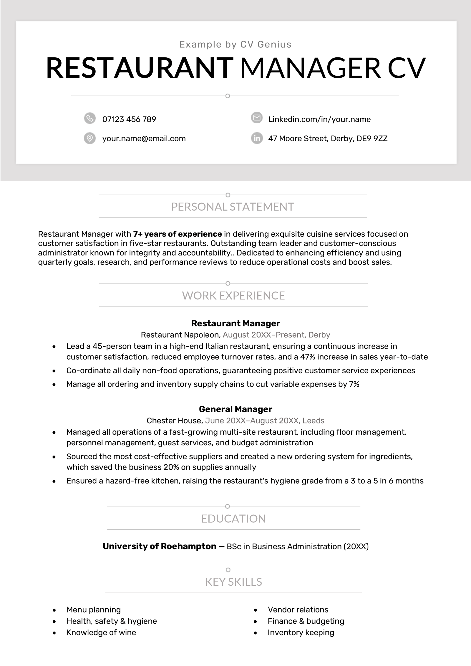 Restaurant Manager CV - Examples & Template (Free Download)