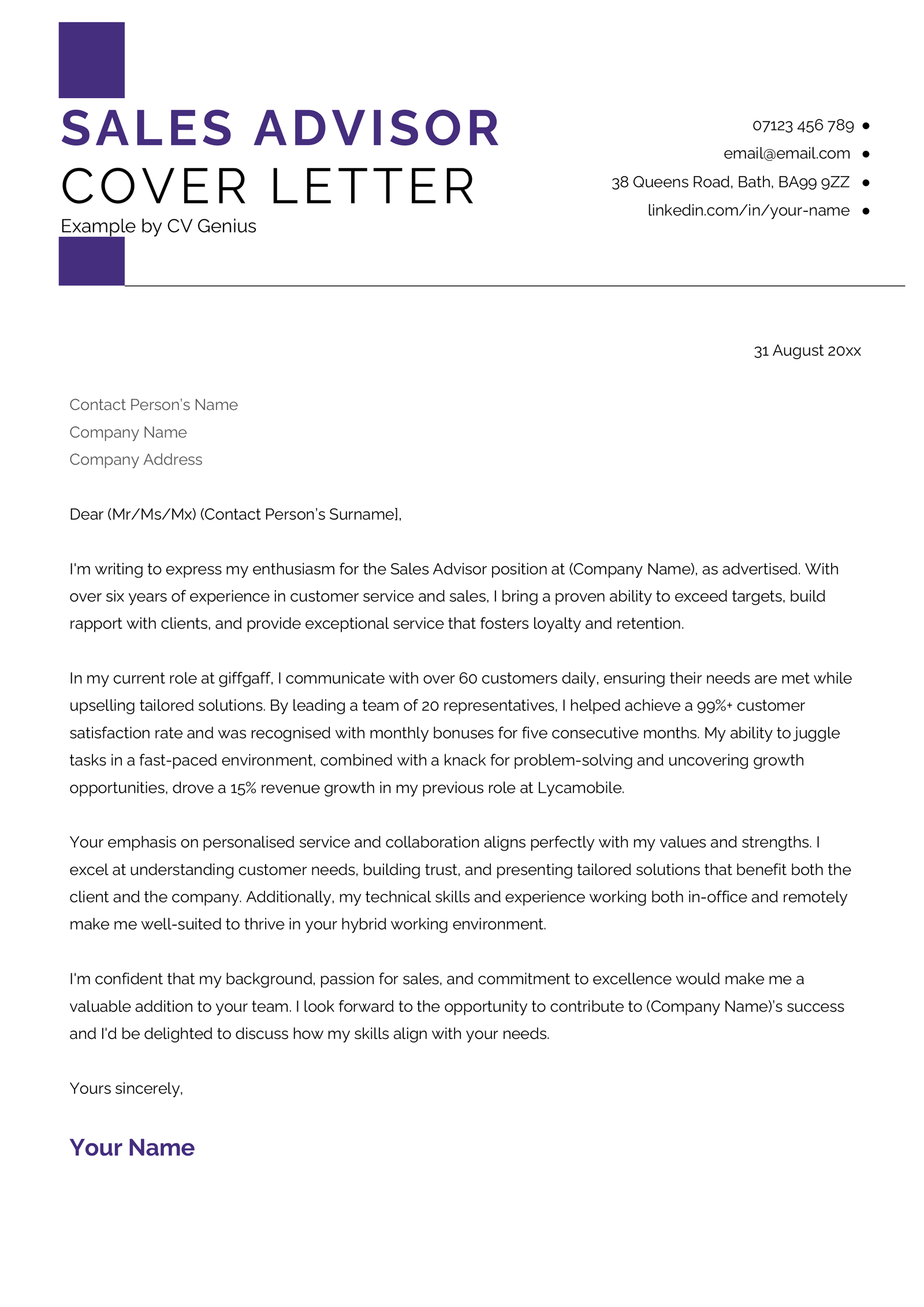 Sales Advisor Cover Letter Example & Writing Tips for 2025