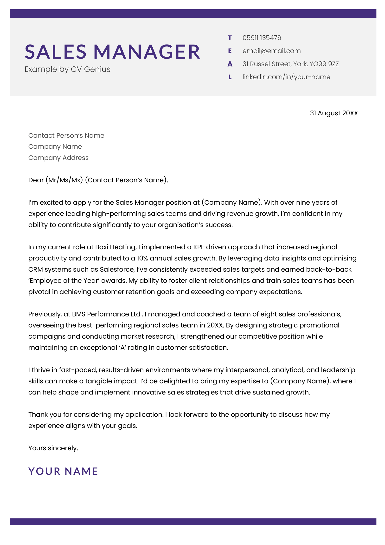 Sales Manager Cover Letter Example & Writing Tips for 2025