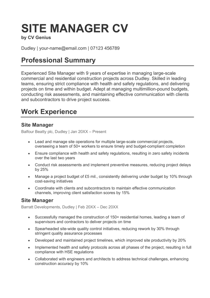Free Site Manager CV Example (Word Download)