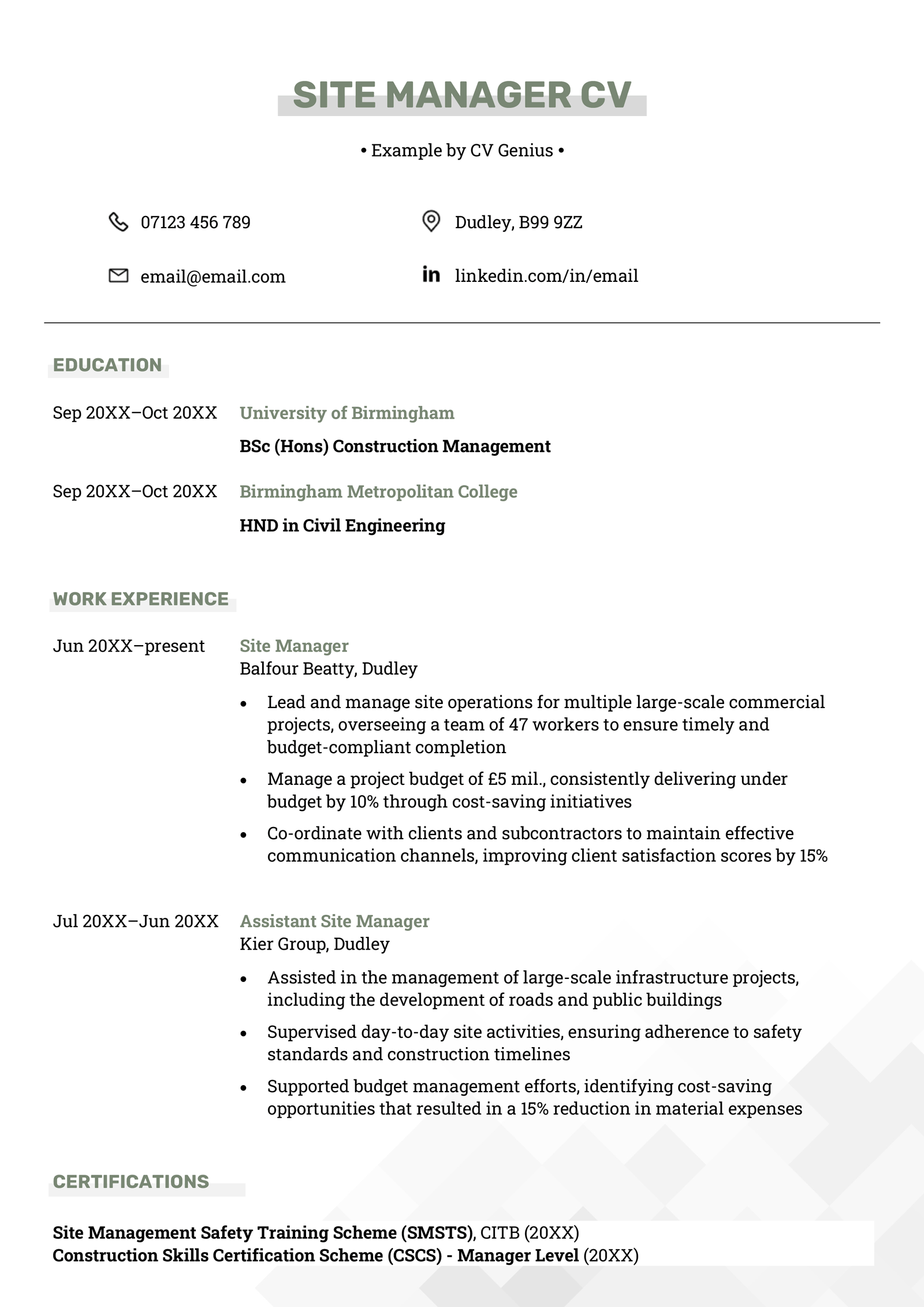 Free Site Manager CV Example (Word Download)