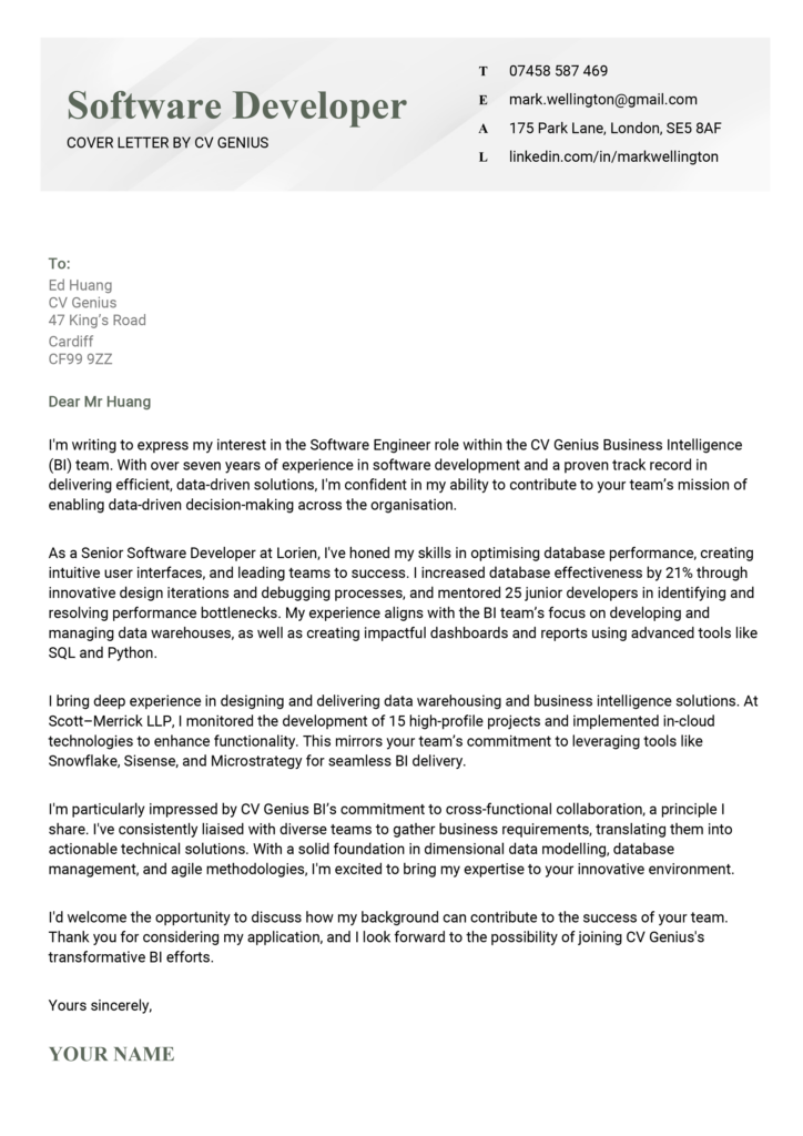 Software Developer Cover Letter Example for 2025