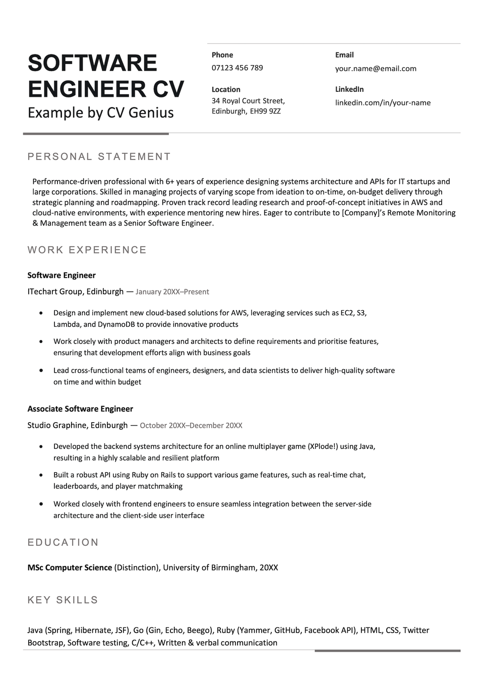 Software Engineer CV Example, Template, and Tips for 2024
