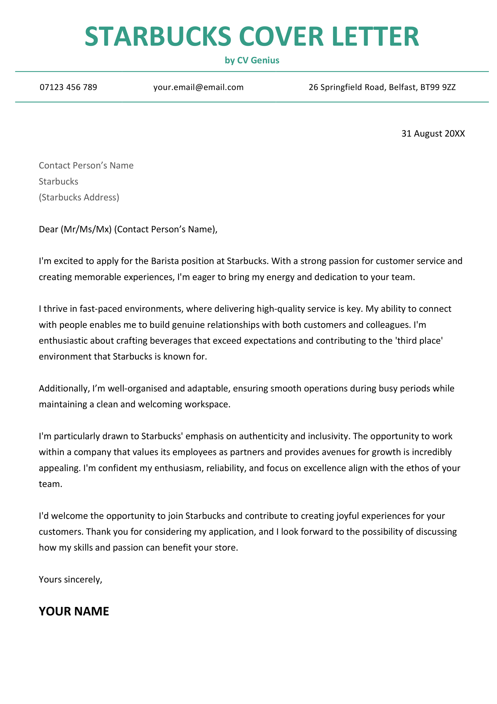 Starbucks Cover Letter Example by CV Genius