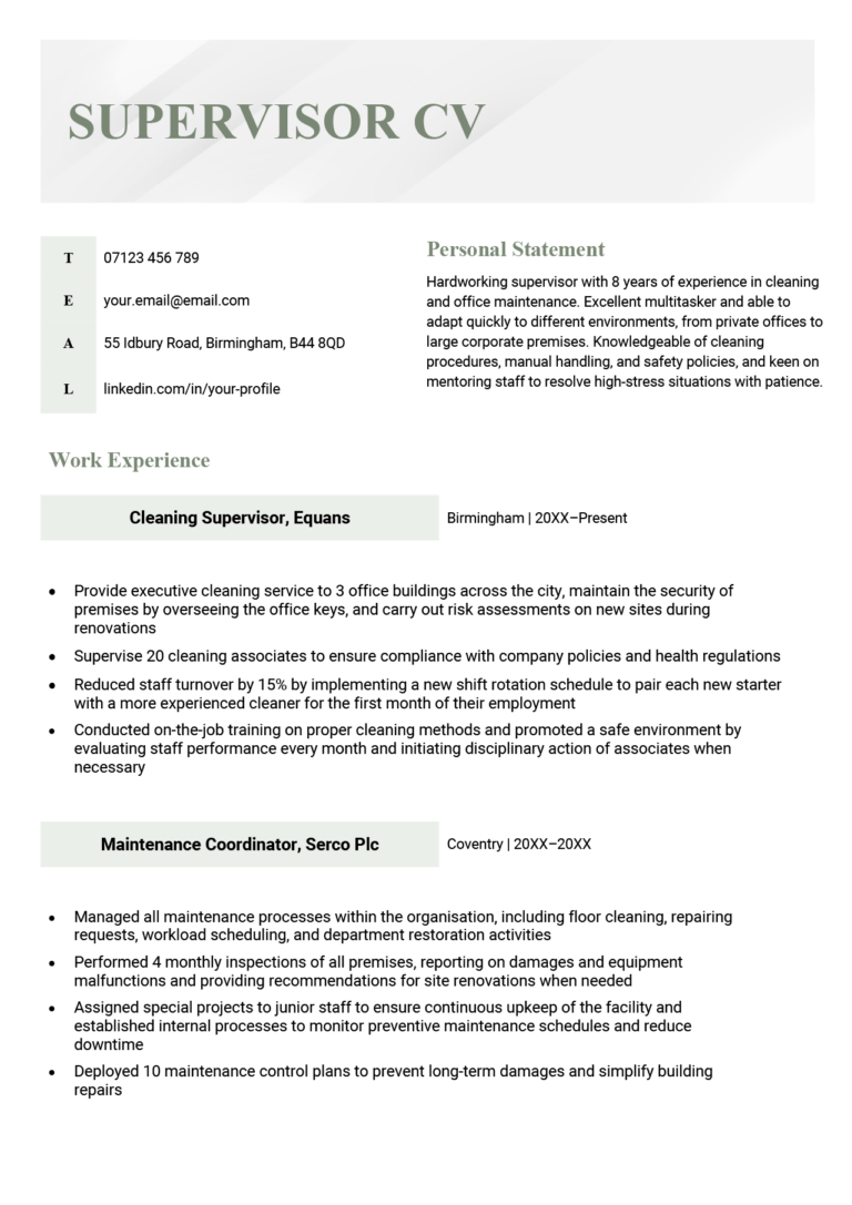 Supervisor CV Example Template Free Download 